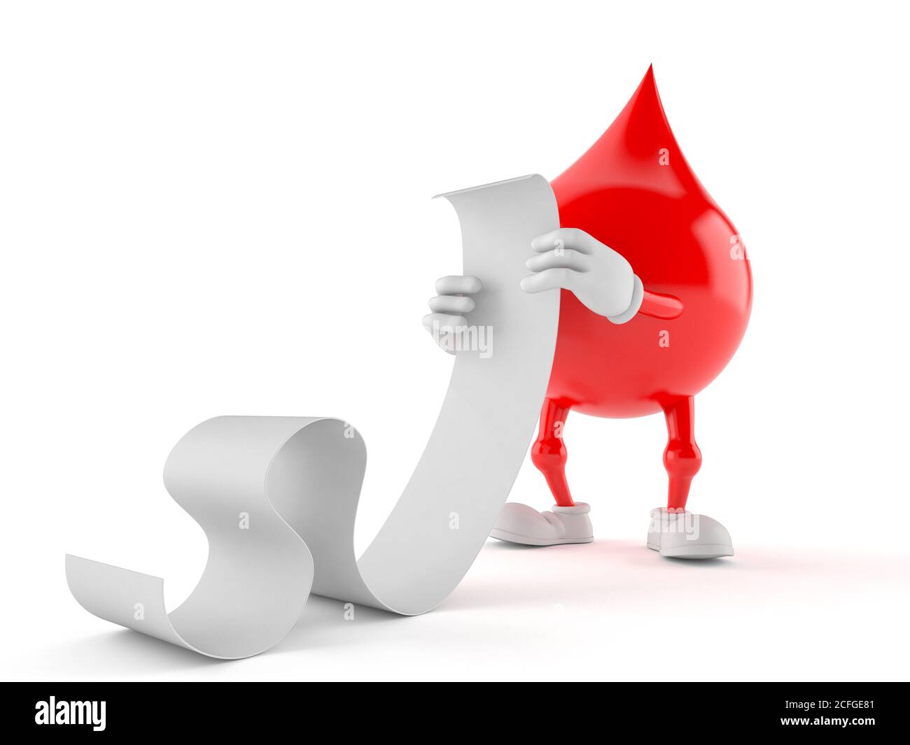 Blood drop character reading long list on white background Stock Photo ...
