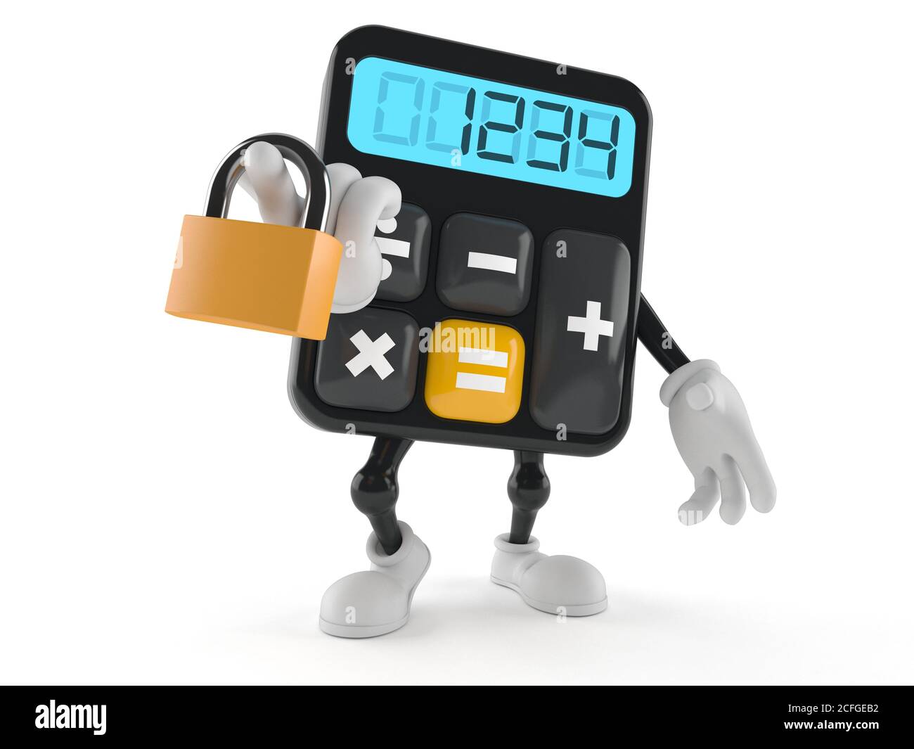 Calculator character with padlock isolated on white background Stock ...