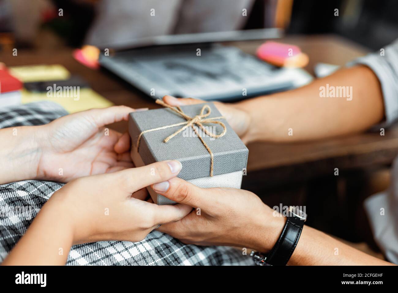 christmas, valentine, holidays gift box concept. Couple surprise gift ...
