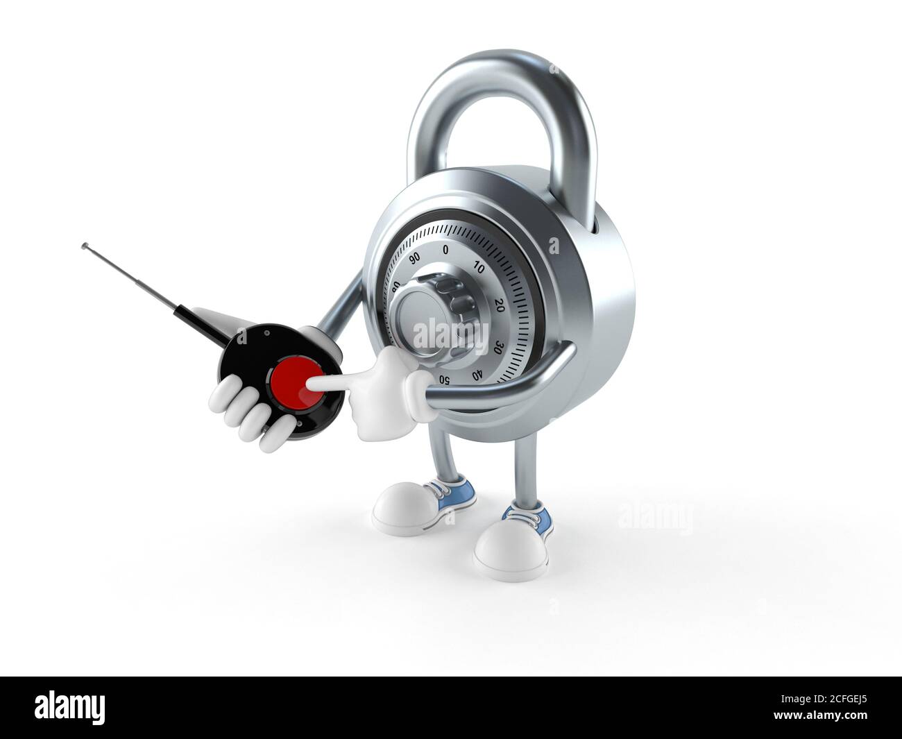 Combination lock character with remote push button isolated on white ...