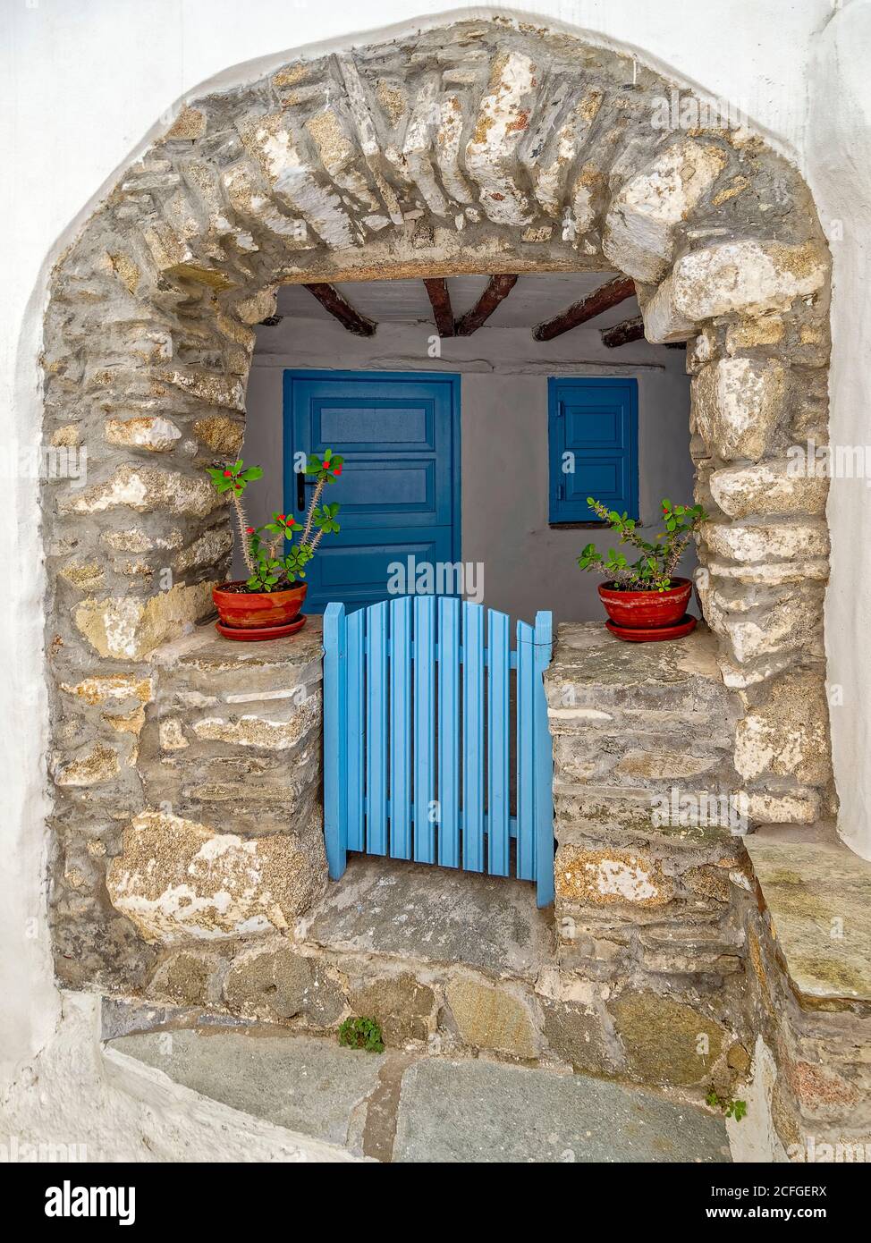 Greece with traditional white and blue greek house hi-res stock ...