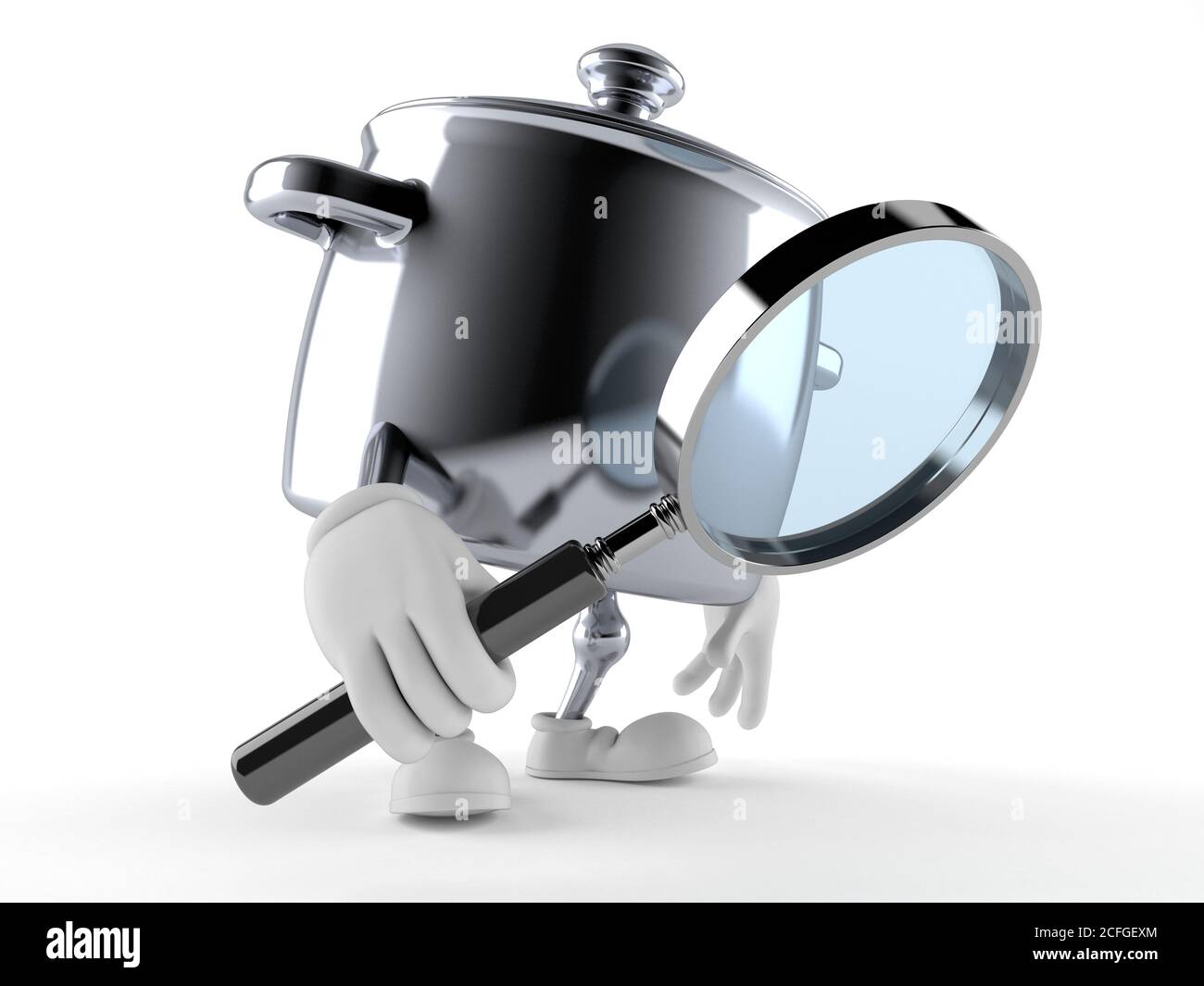Kitchen pot character looking through magnifying glass isolated on ...