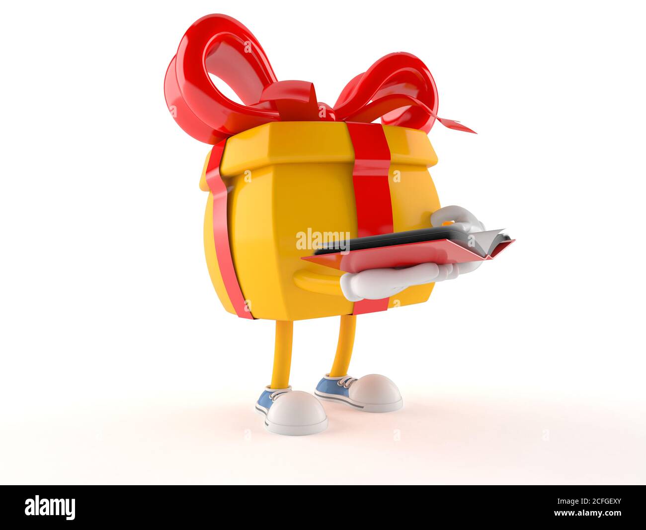 Gift character reading a book on white background Stock Photo - Alamy