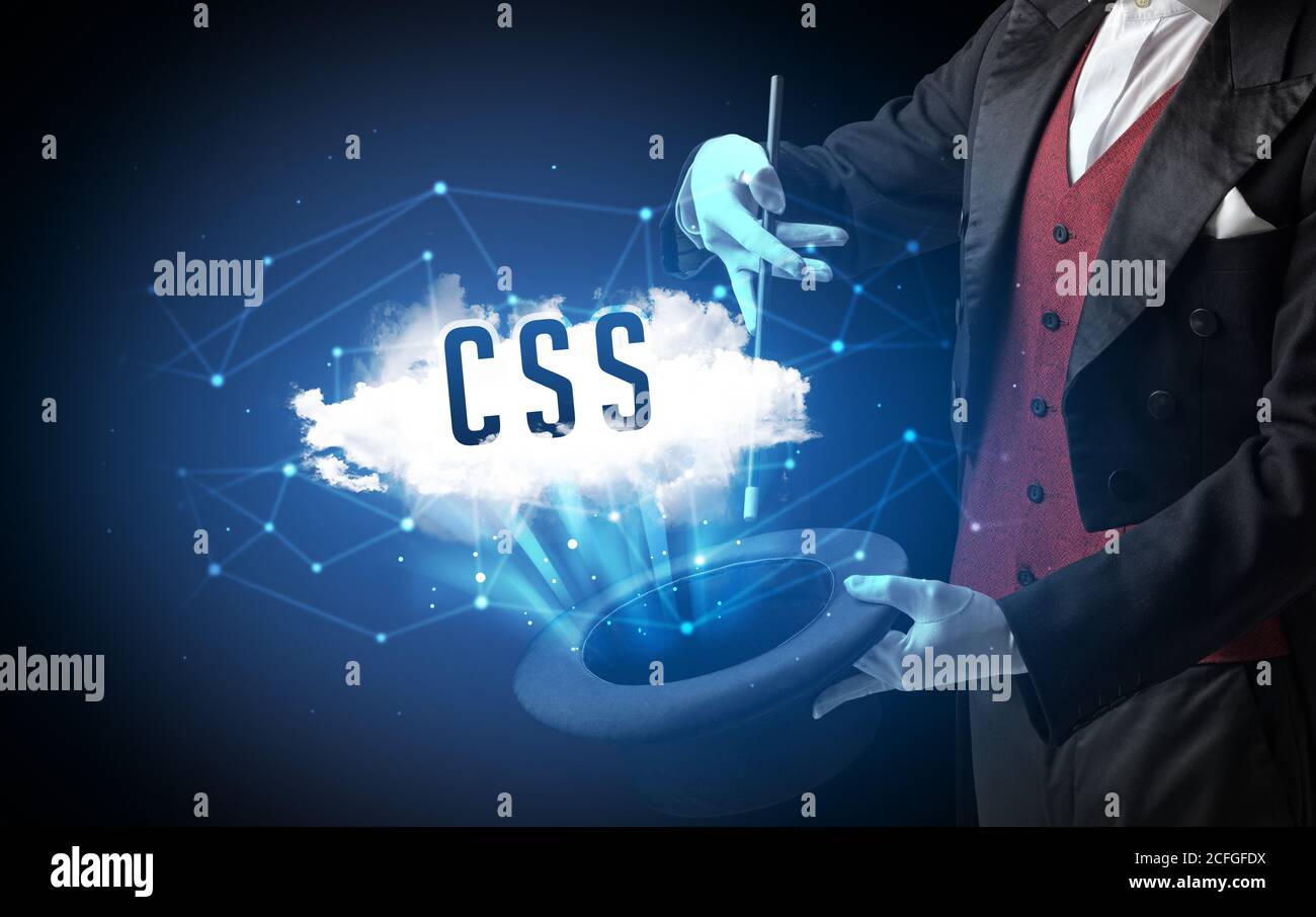 Magician is showing magic trick with CSS abbreviation, modern tech ...