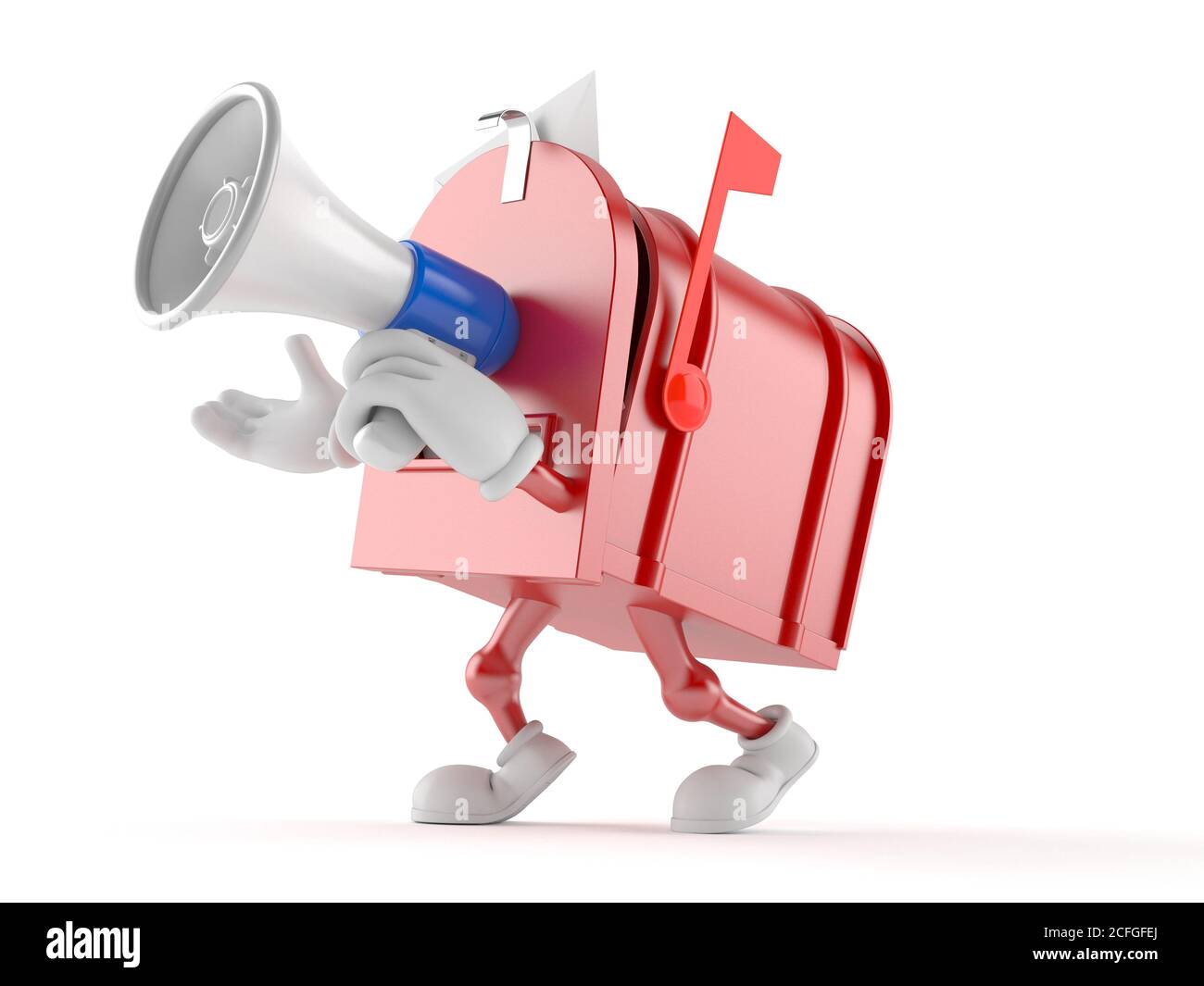 Mailbox character speaking through a megaphone isolated on white ...