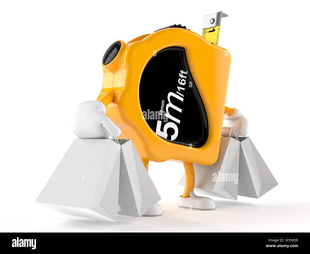 Measure tape character with shopping bags isolated on white background ...