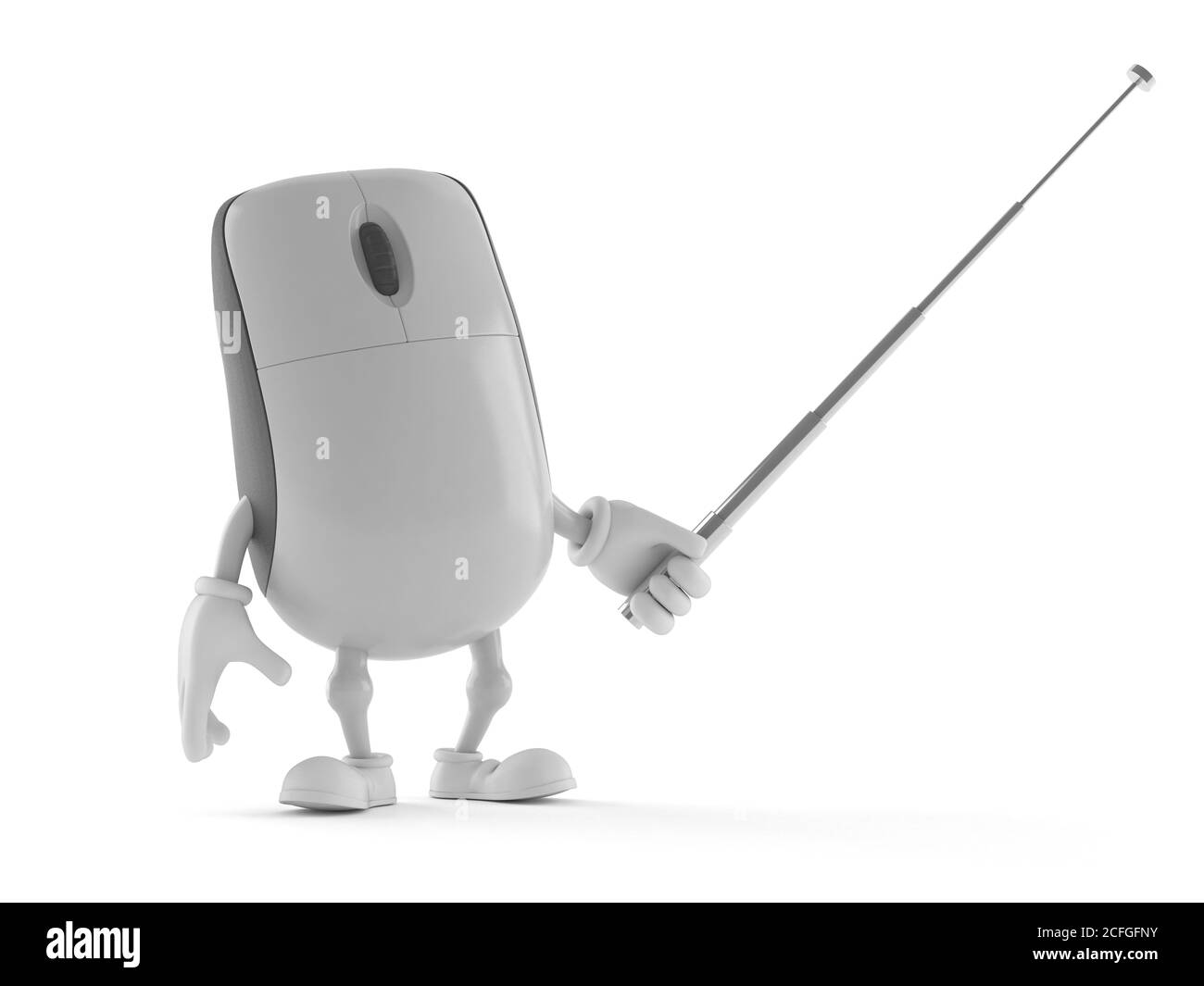 Computer mouse character holding pointer stick isolated on white ...