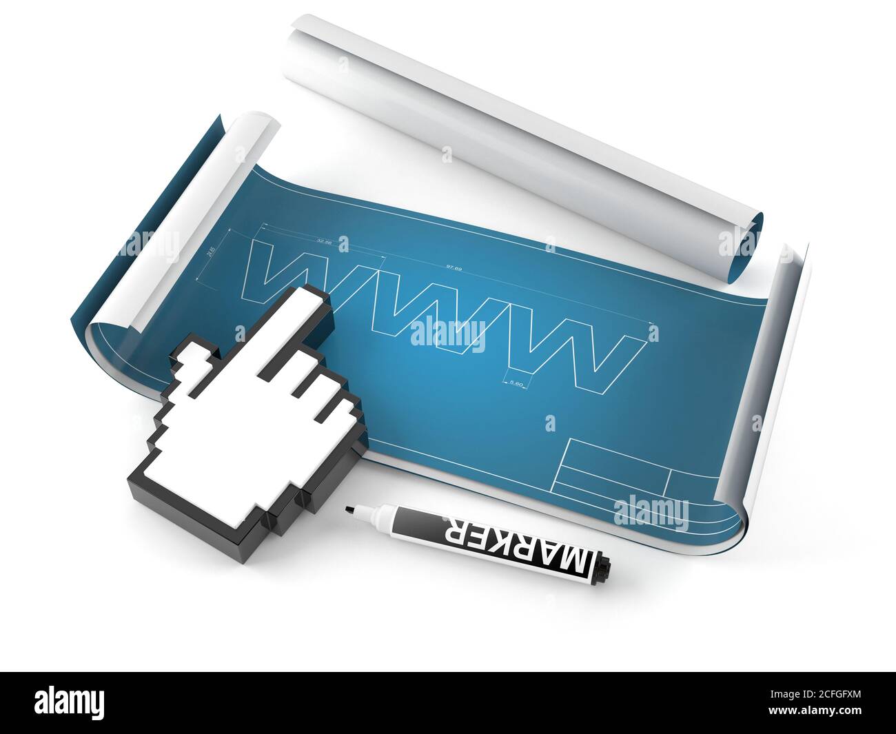 Blueprint with cursor isolated on white background Stock Photo - Alamy