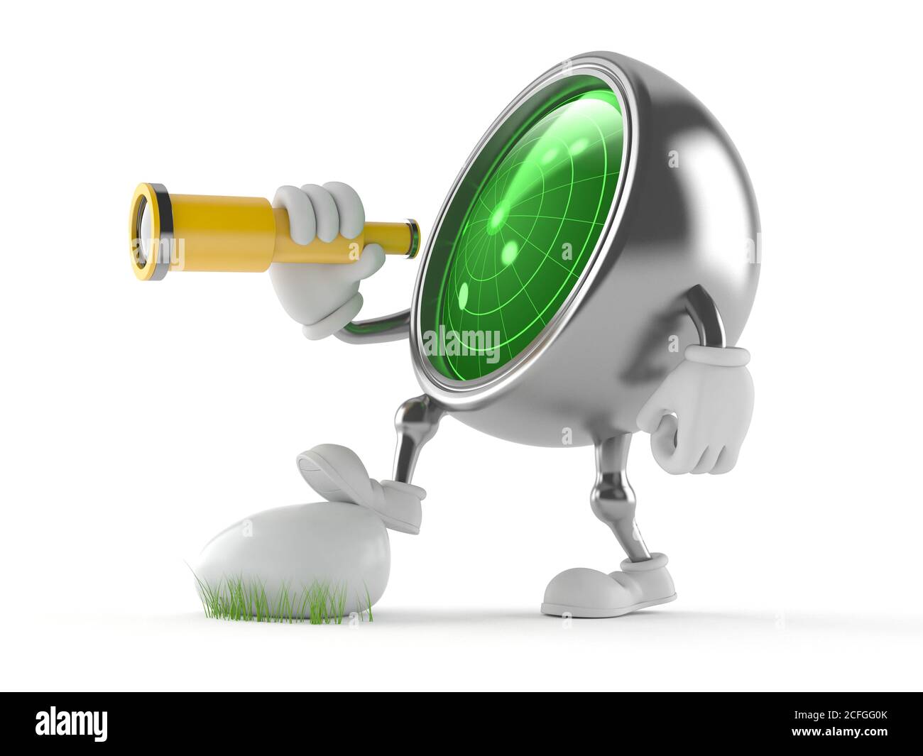 Radar character looking through a telescope isolated on white ...