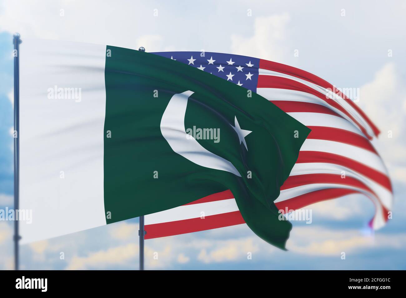 Waving American flag and flag of Pakistan. Closeup view, 3D ...
