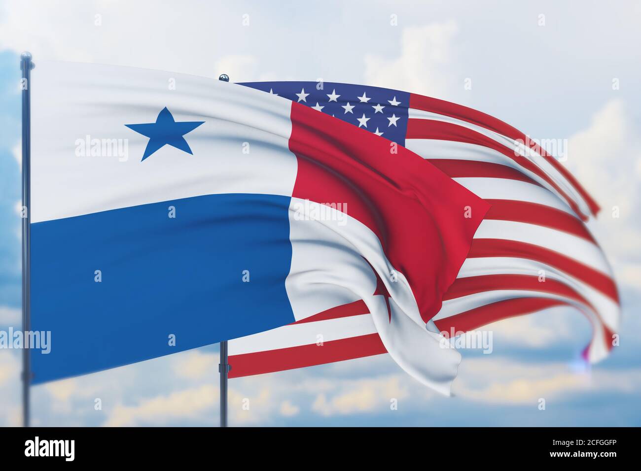 Waving American flag and flag of Panama. Closeup view, 3D illustration ...