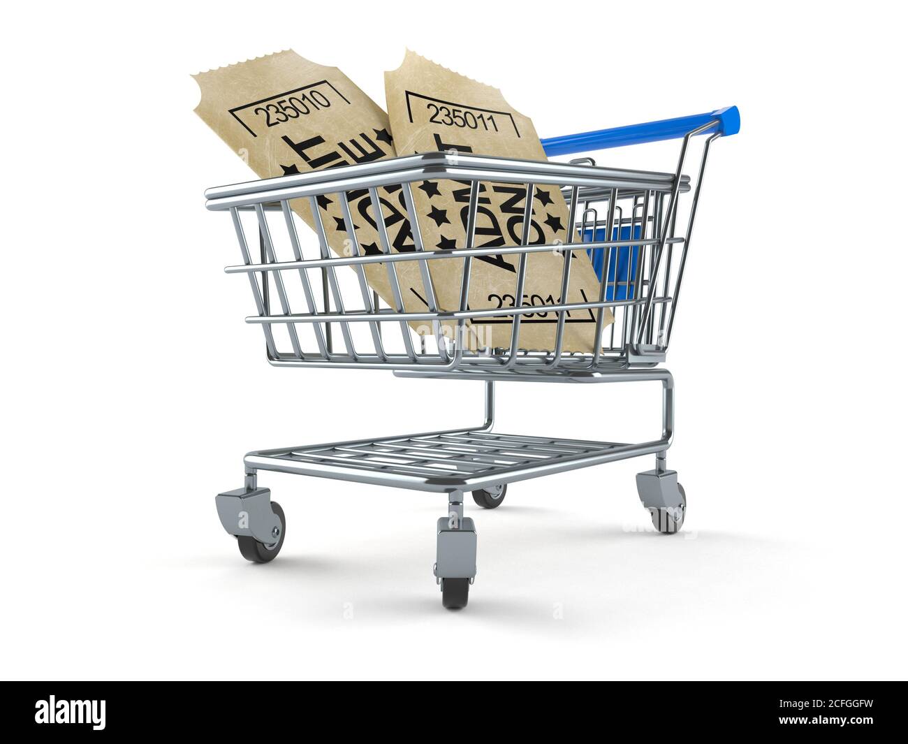 Shopping cart with tickets isolated on white background Stock Photo - Alamy