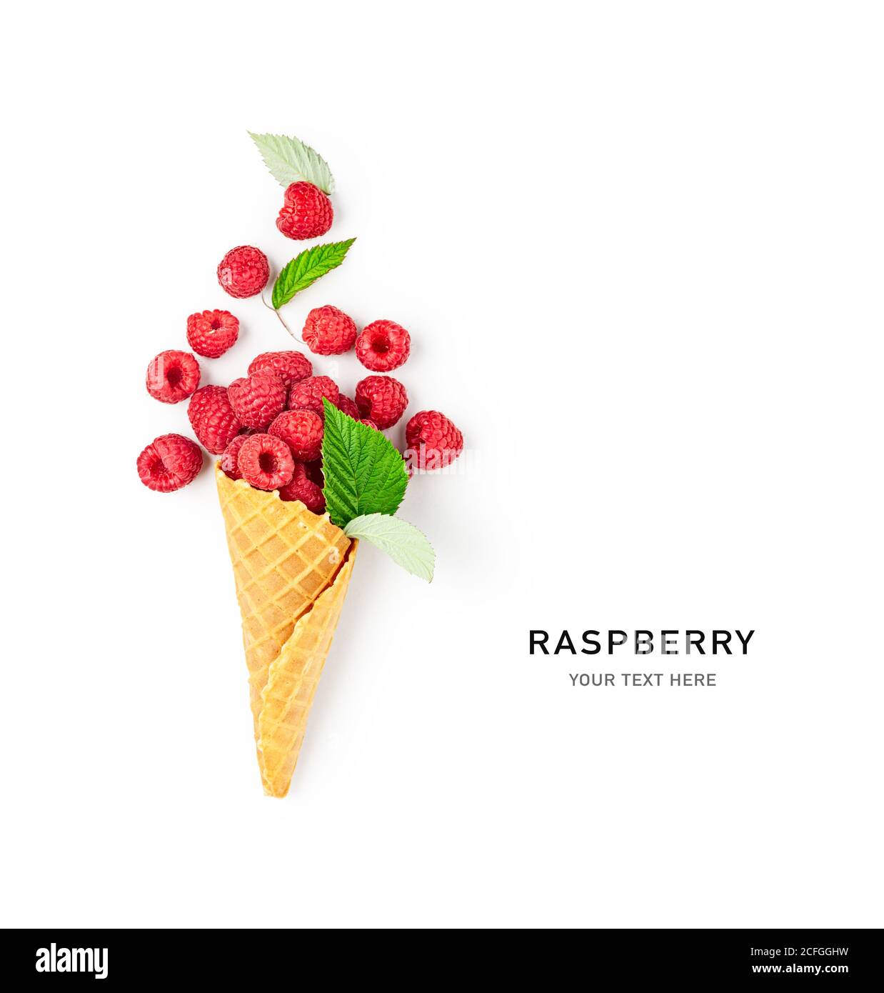 Raspberries in ice cream cone creative layout isolated on white ...