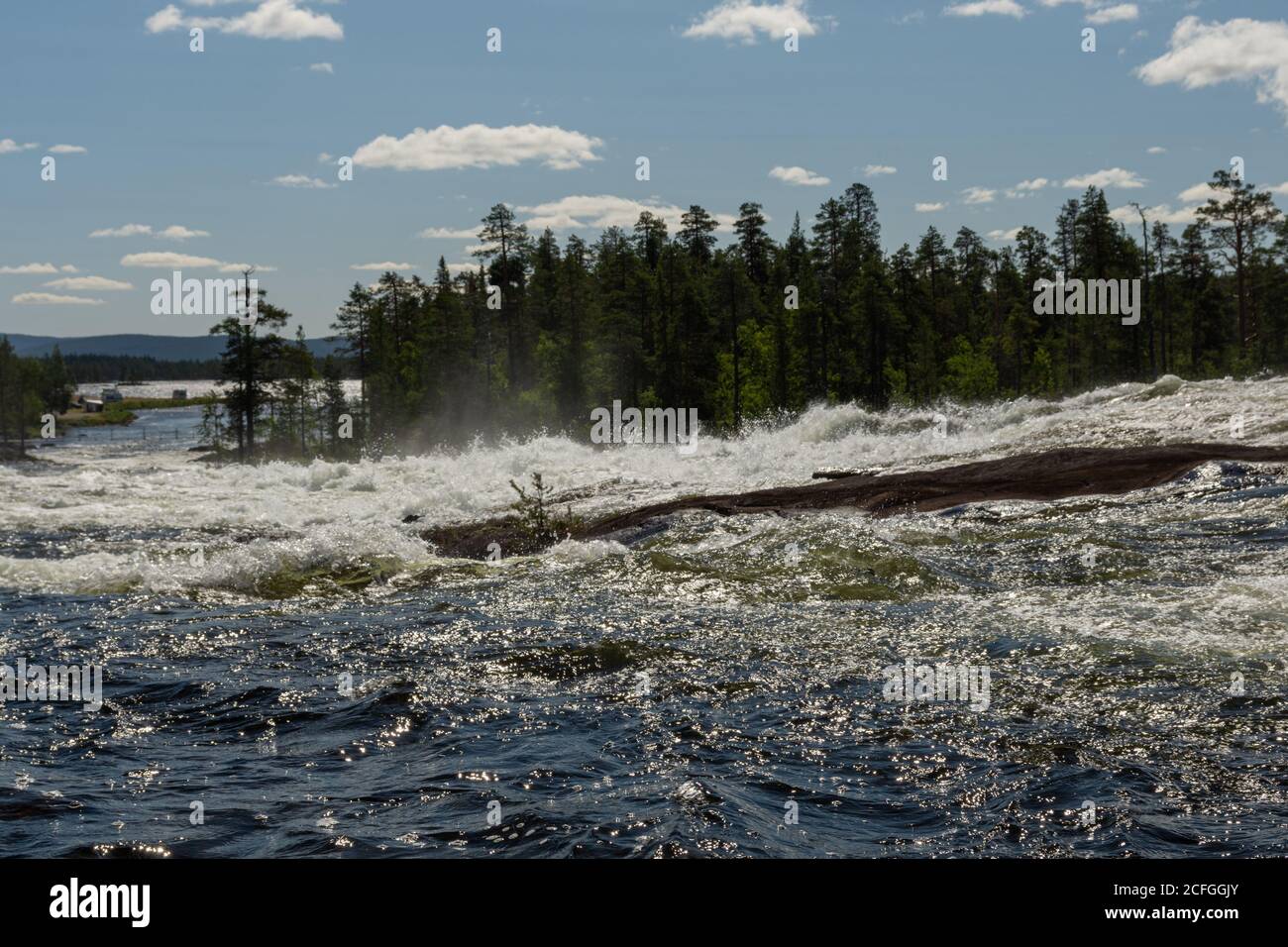 Downstream Trollforsen rapid in Pite river in the Northern Sweden with ...