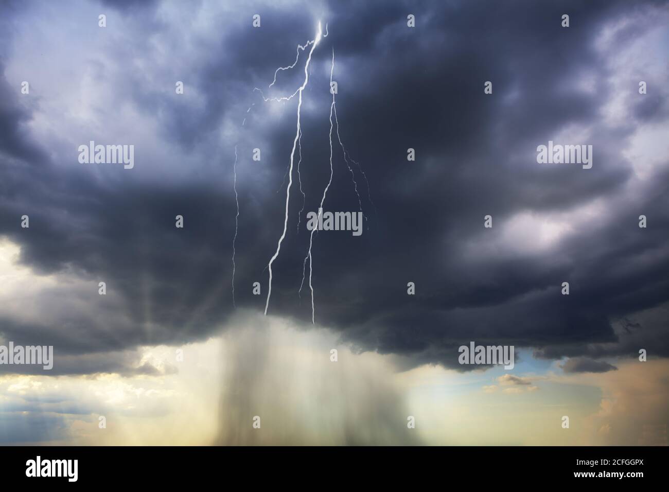 Heavy rain and lightning on the sky . Stormy weather with thunderstorm ...