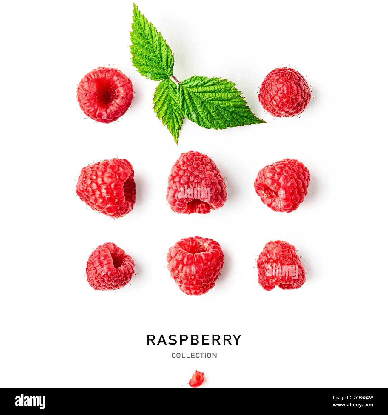 Fresh raspberry fruits and leaves collection and creative pattern ...