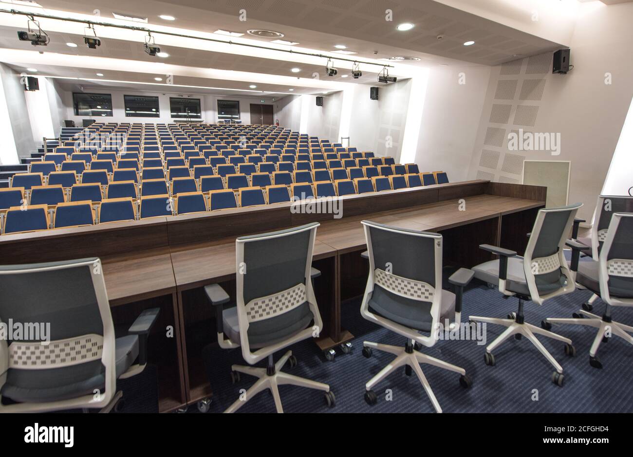 Press conference hall at FC Lyon Olympique stadium Stock Photo - Alamy