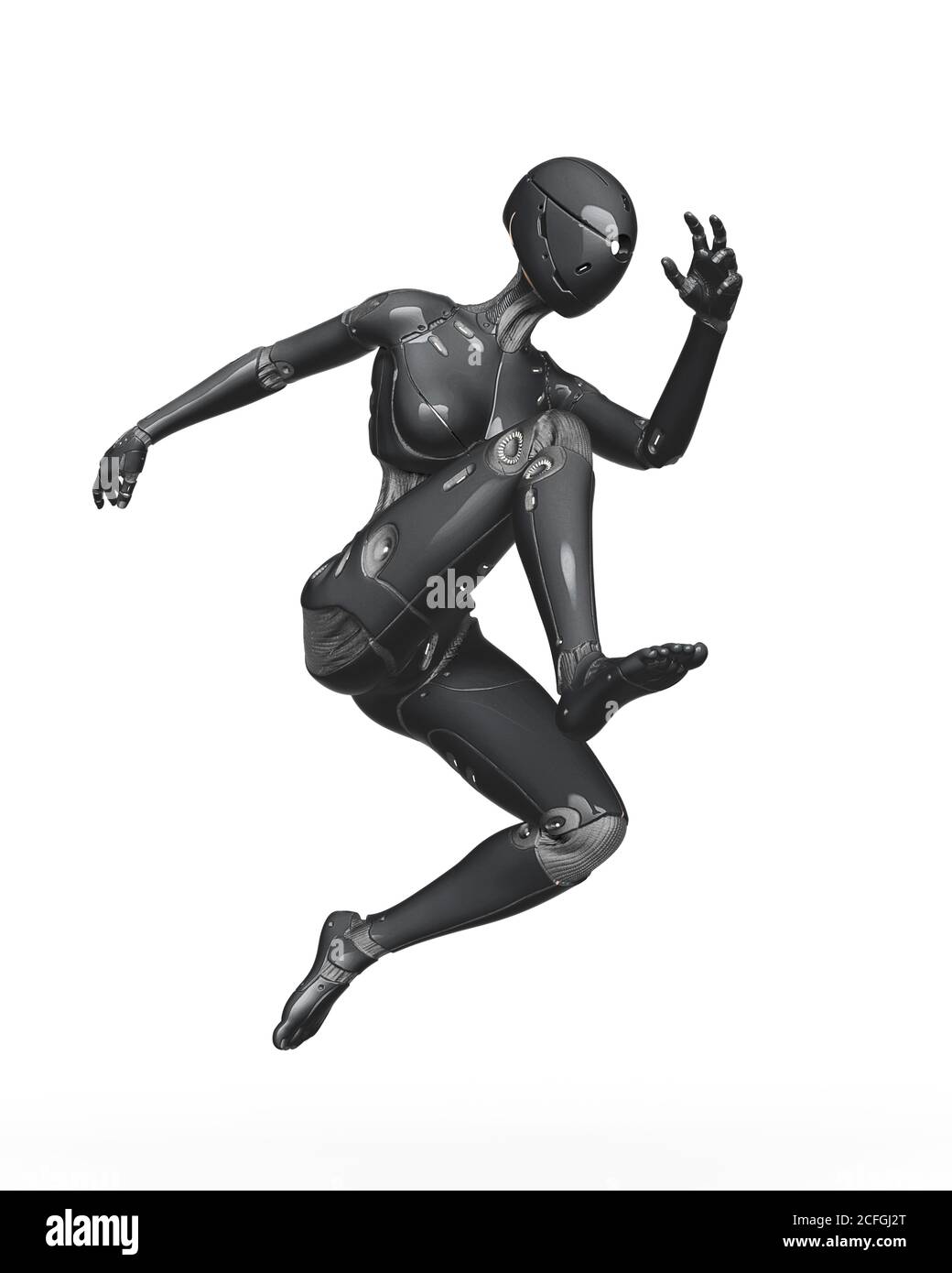 gynoid is the super fembot is jumping in white background, 3d ...