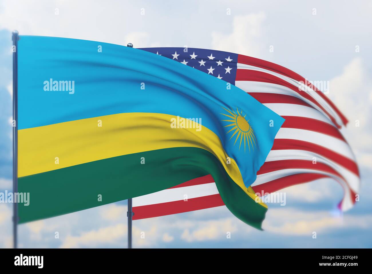 Waving American flag and flag of Rwanda. Closeup view, 3D illustration ...