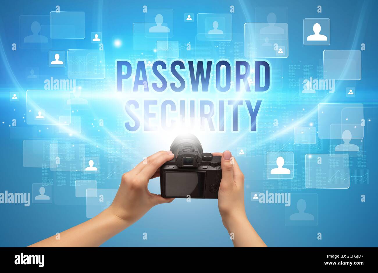 Close-up of hand holding camera with PASSWORD SECURITY inscription ...