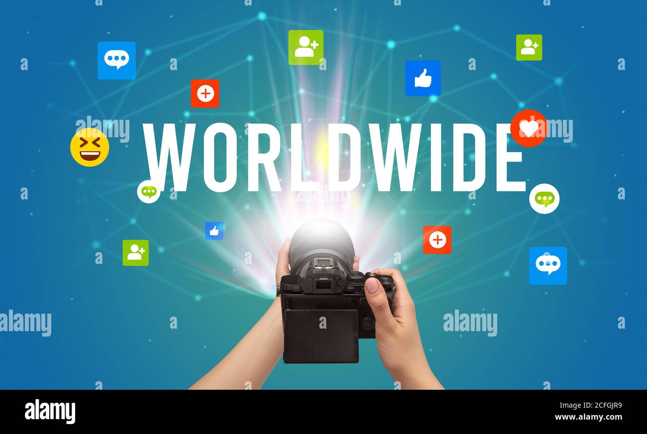 Using camera to capture social media content with WORLDWIDE inscription ...