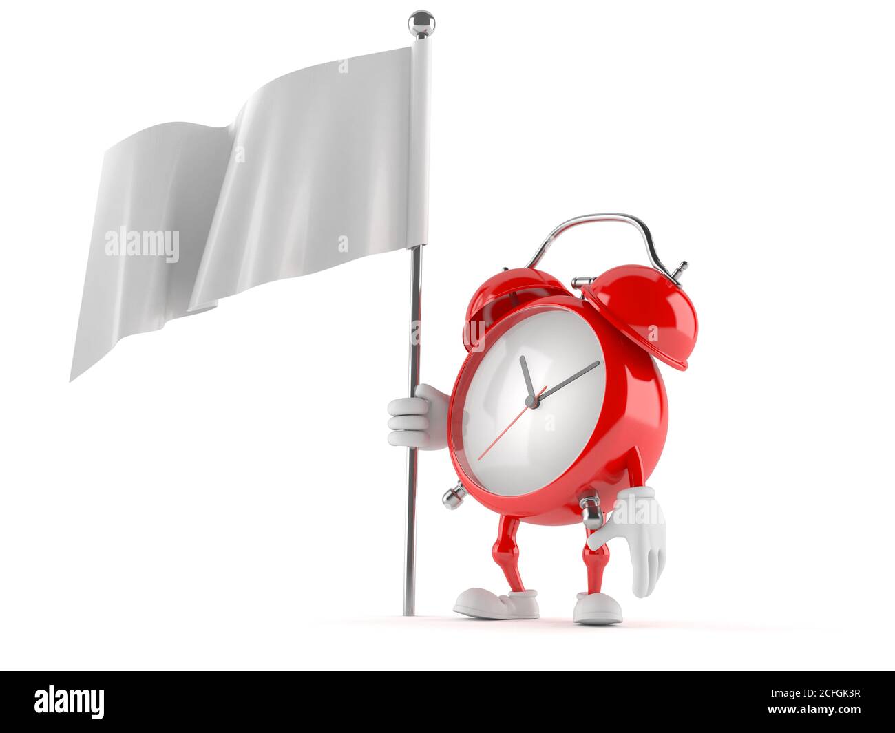 Alarm clock character with blank flag isolated on white background ...