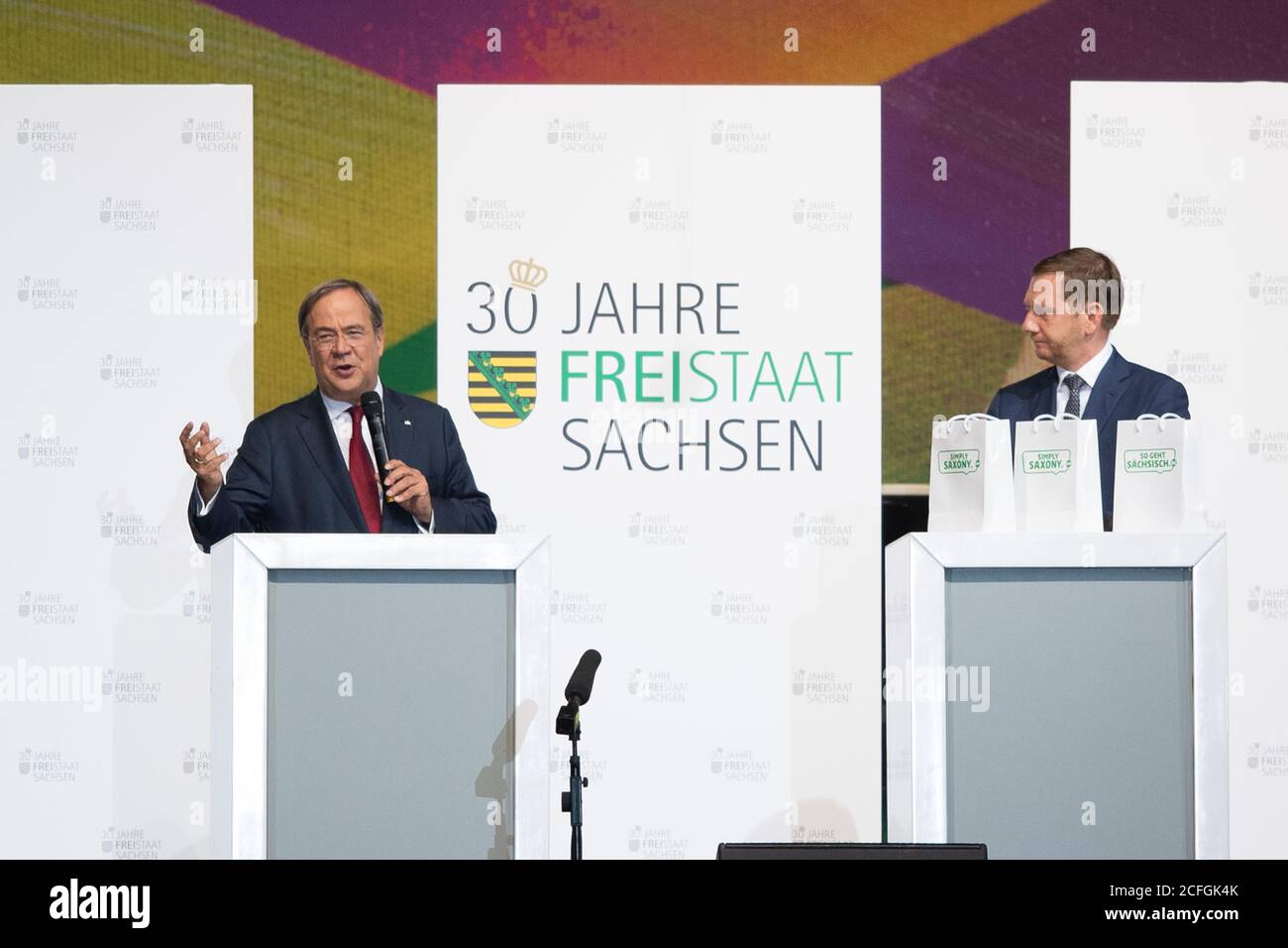 Aue, Germany. 05th Sep, 2020. Michael Kretschmer (r), Prime Minister of ...