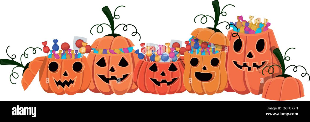 Halloween pumpkins cartoons with candies vector design Stock Vector ...