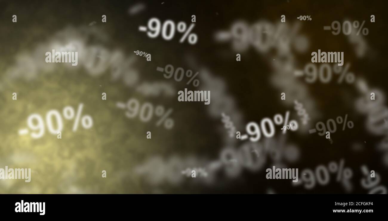 Flying -90% discount symbols over light yellow and gold background ...