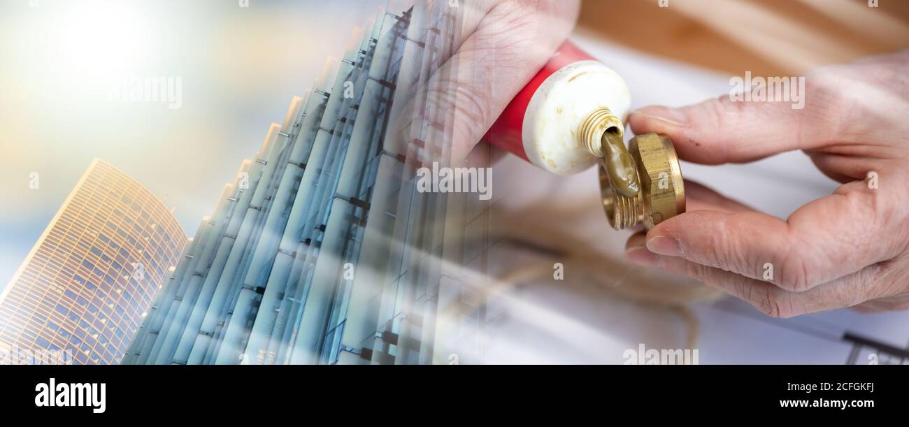 Plumber preparing fitting sealing with hemp fibers; multiple exposure ...