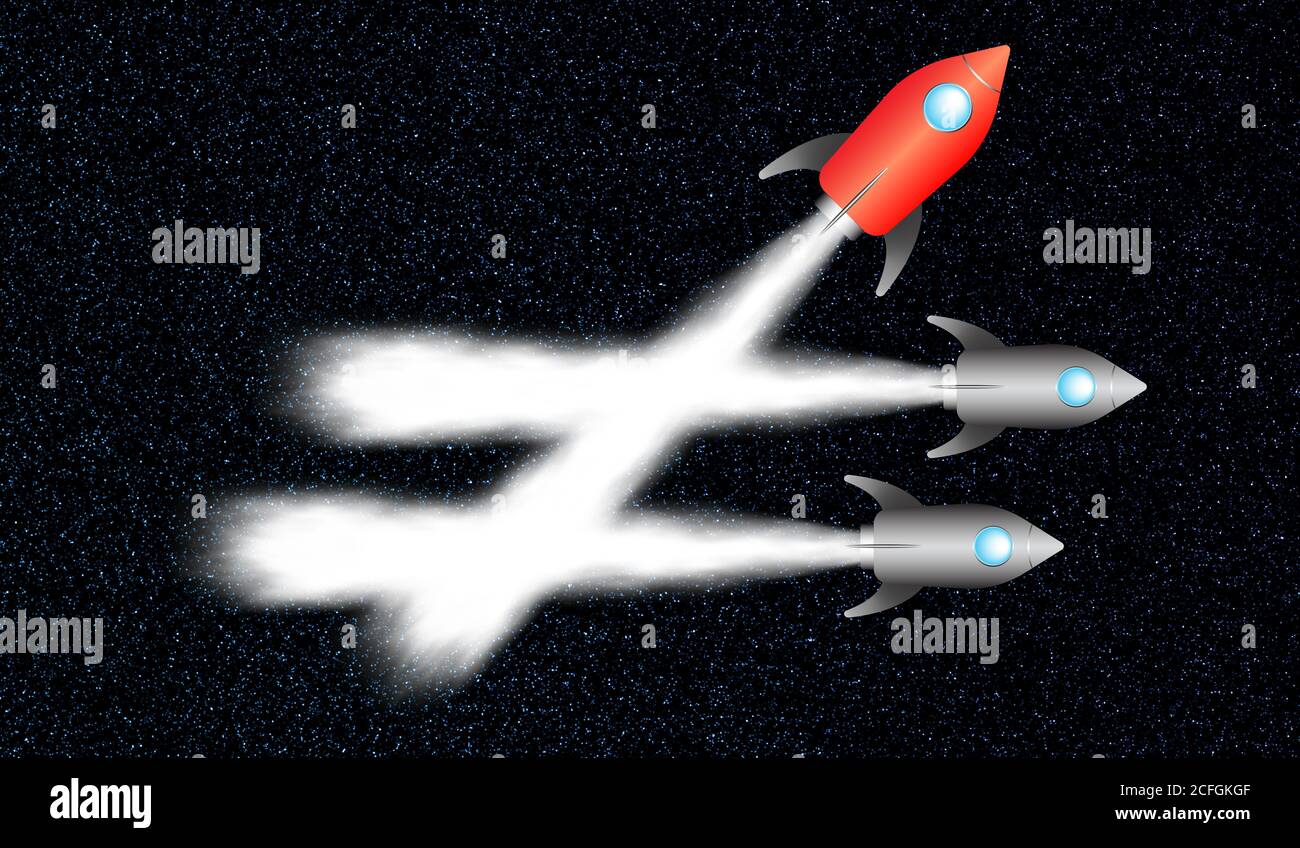 Red rocket taking a different direction from others. Concept of ...