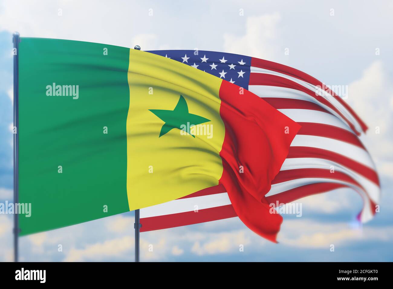 Waving American flag and flag of Senegal. Closeup view, 3D illustration ...