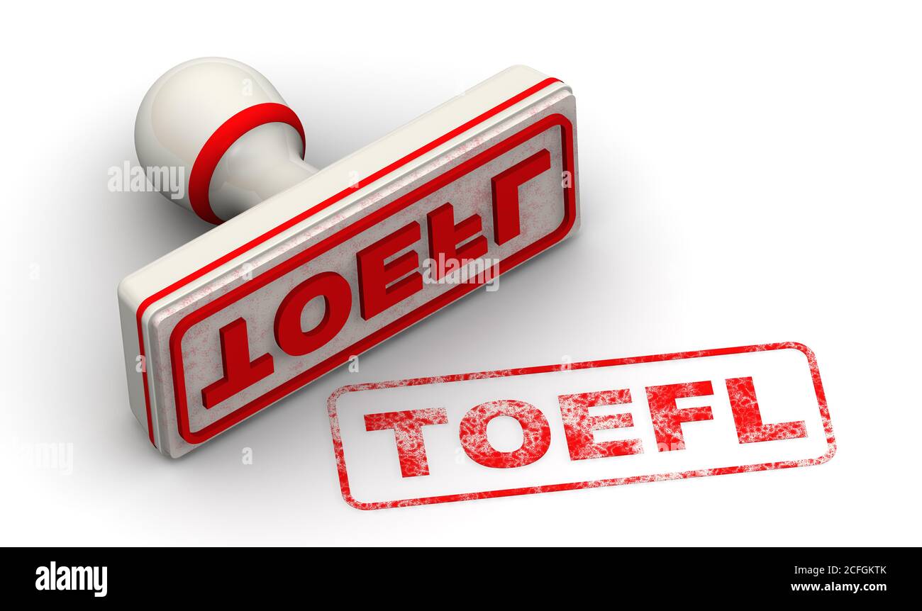 TOEFL exam. The stamp and an imprint. White stamp and red imprint the ...