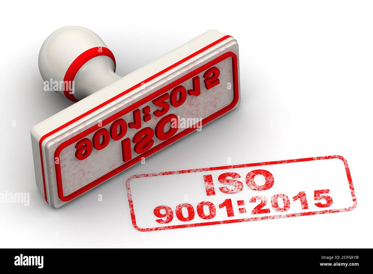 ISO 9001:2015. The stampl and an imprint. White stamp and red imprint ...