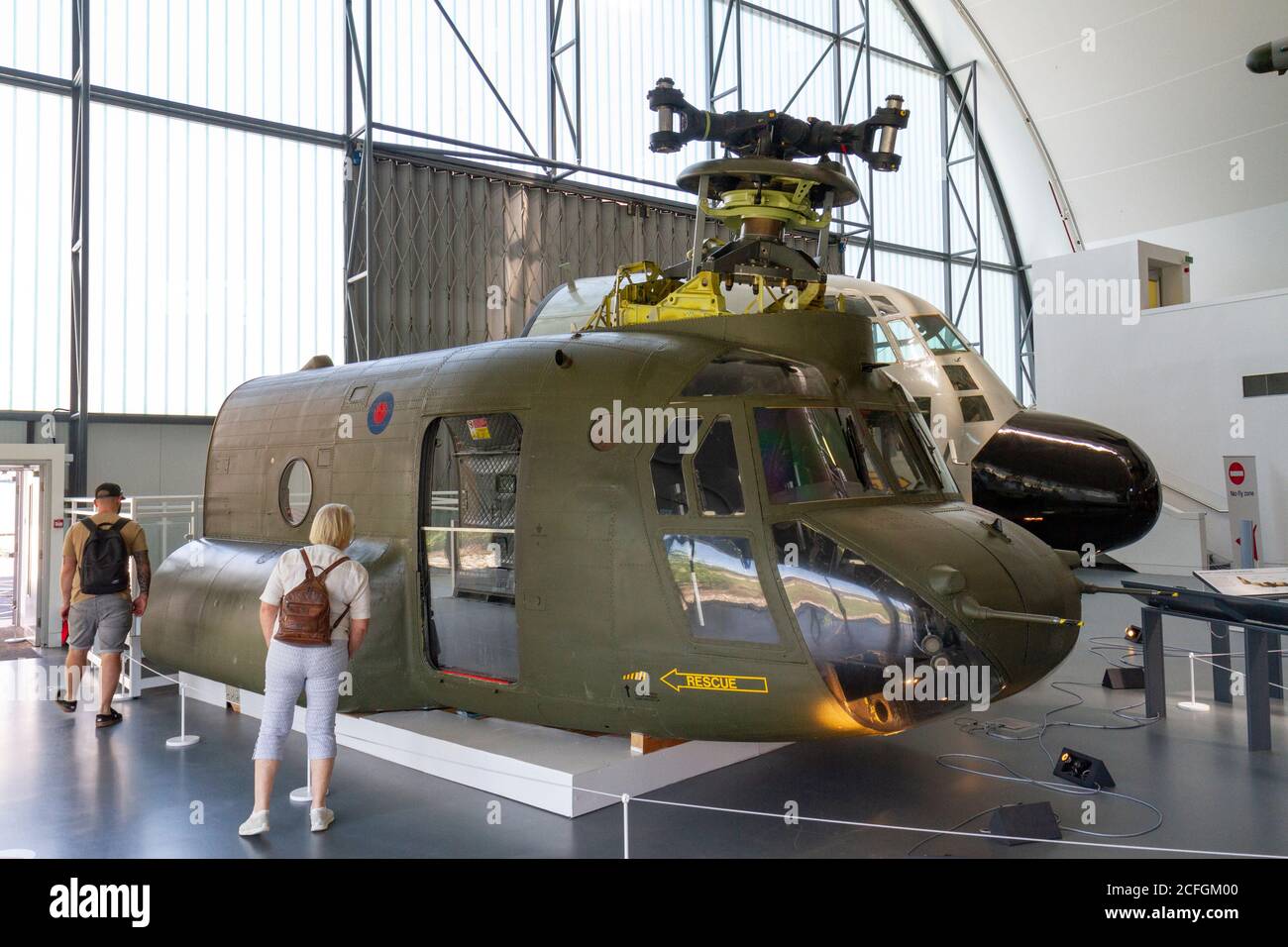 The nose section of a Boeing Chinook HC2 helicopter on display in the ...