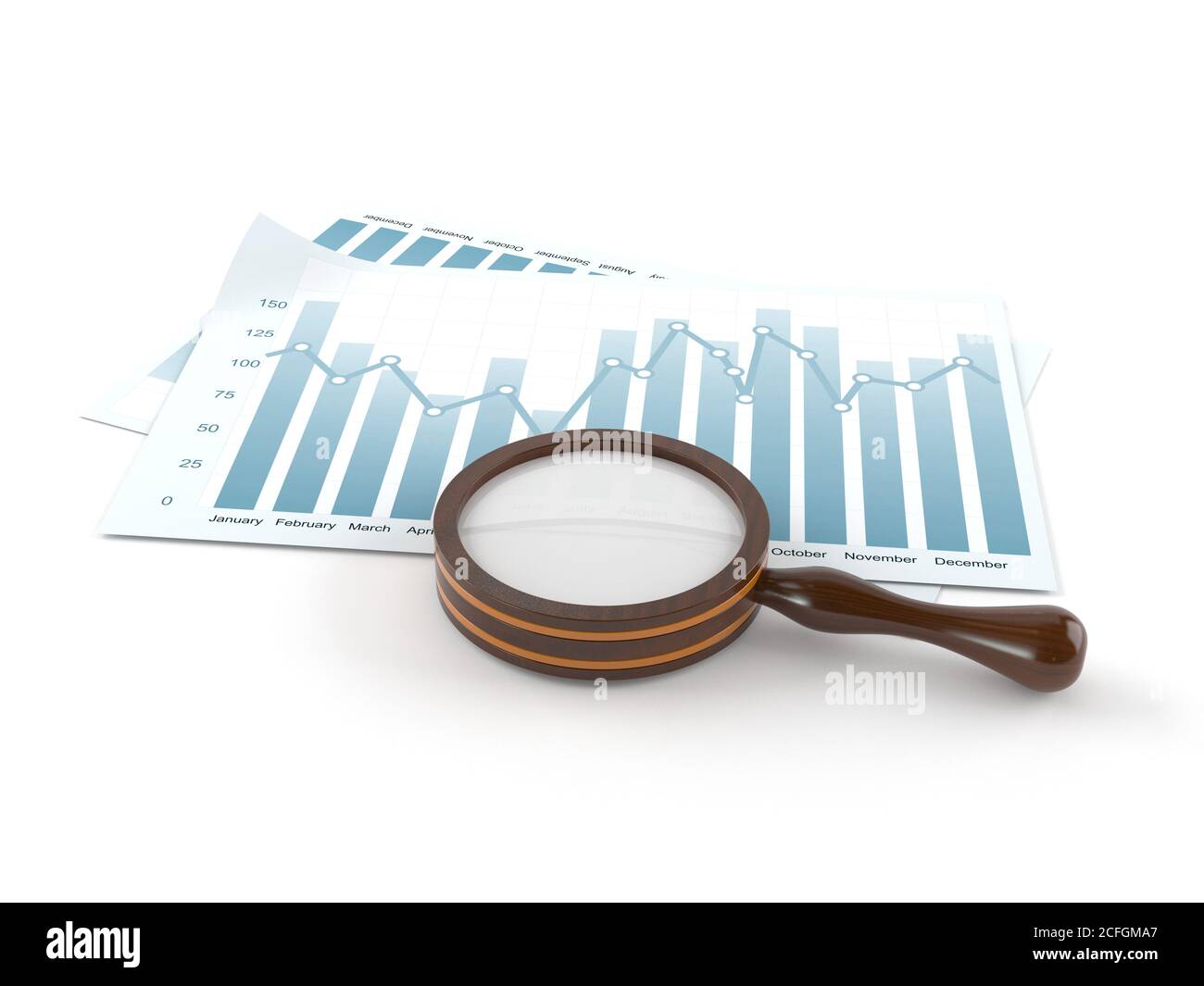 Diagram with magnifying glass isolated on white background Stock Photo ...