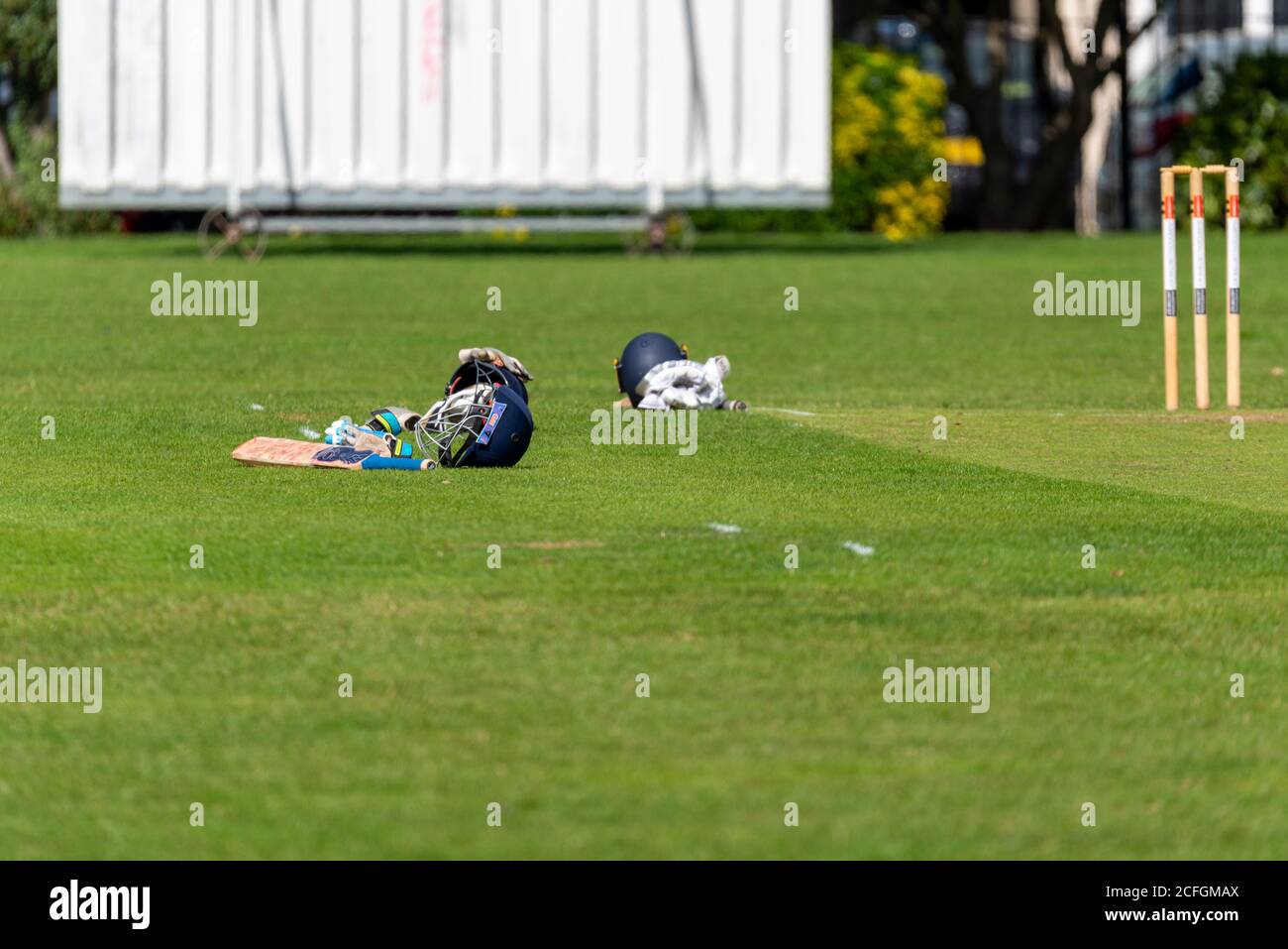 Cricket equipment on pitch in Chalkwell Park, Westcliff on Sea ...
