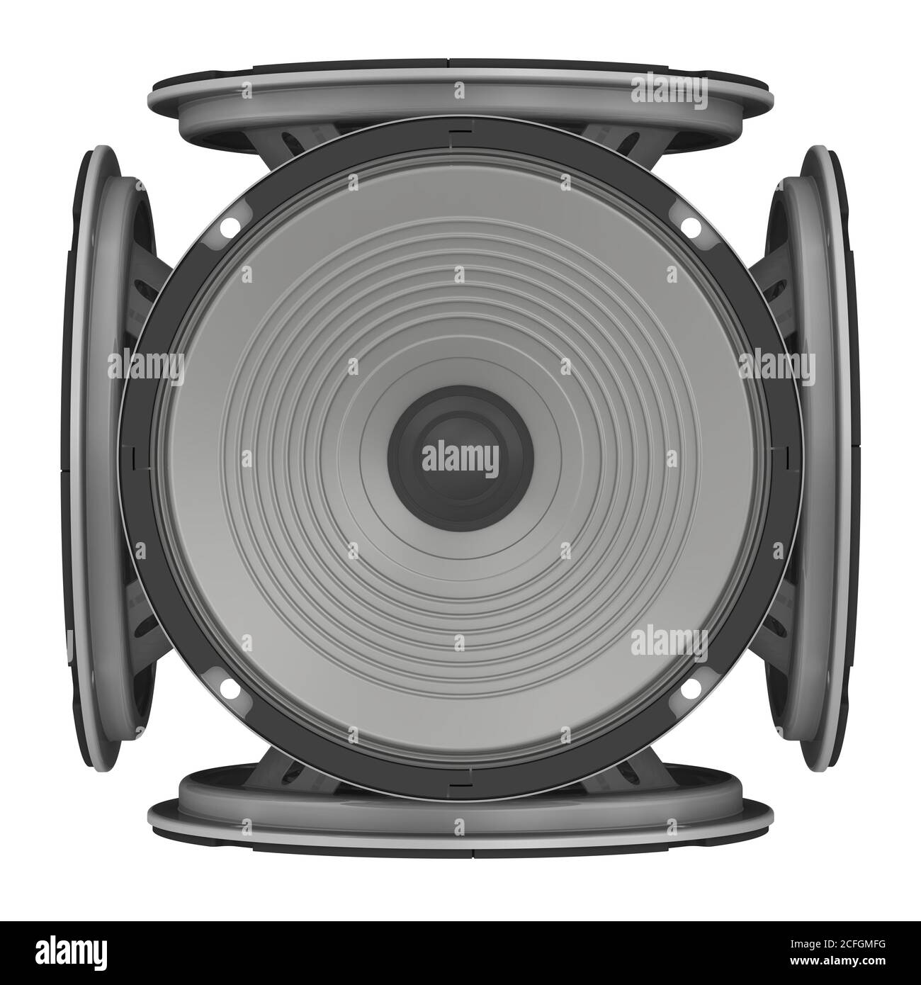 Round audio speakers arranged in the shape of a cube. Isolated. 3D ...