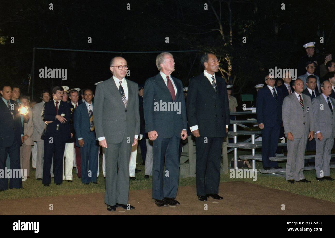 "Menachem Begin, Jimmy Carter and Anwar Sadat attend a military ...