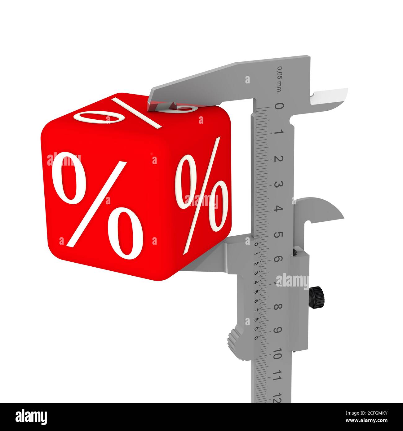 Measurement of percentage. The caliper measures a red cube with percent ...