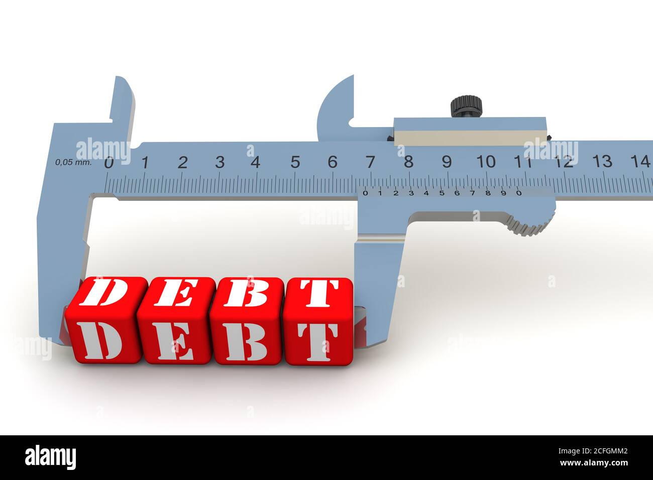 Measurement of debt. Caliper measures the word DEBT composed from red ...
