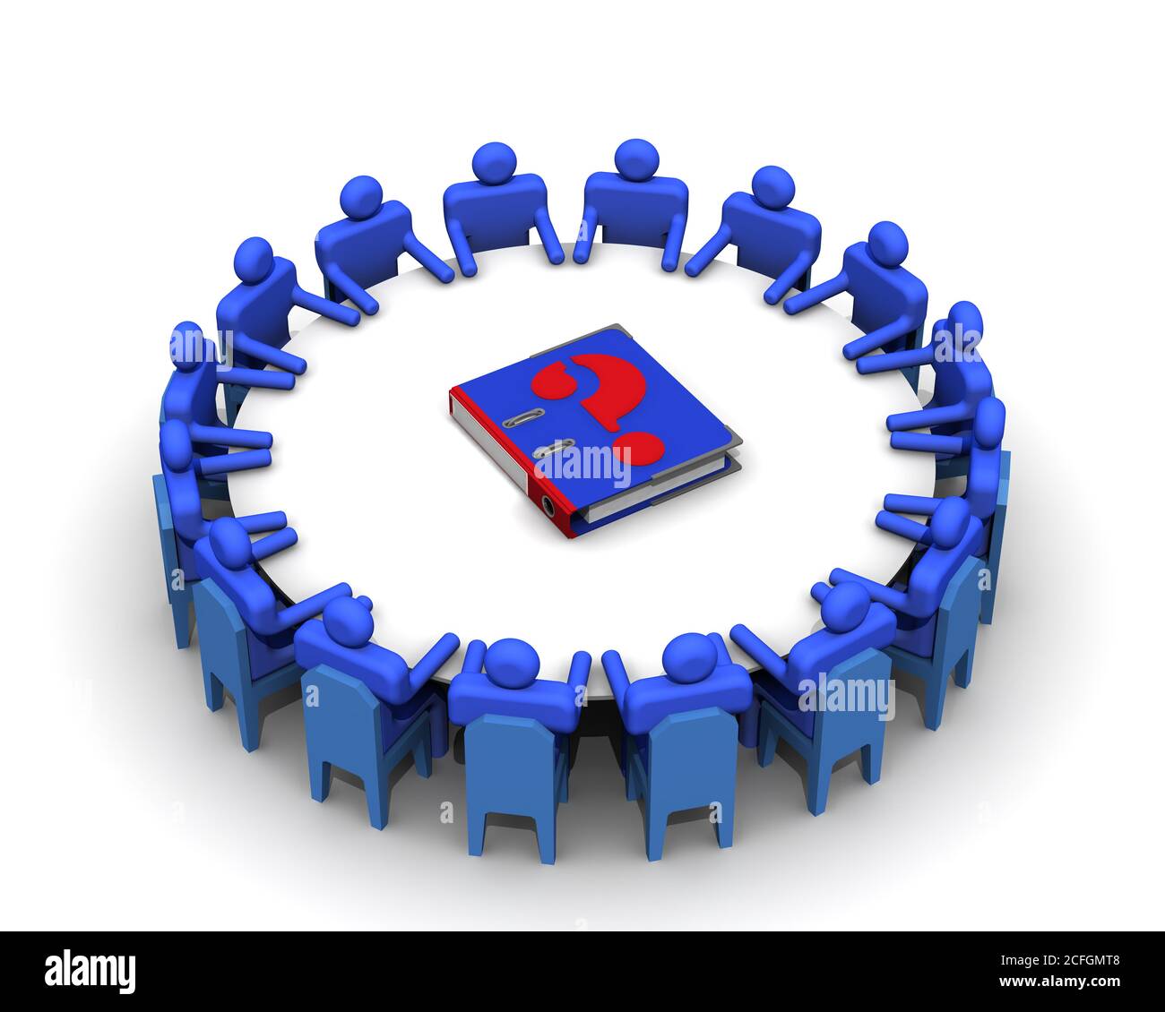 Problem solving. Symbolic people sitting at a round conference table ...