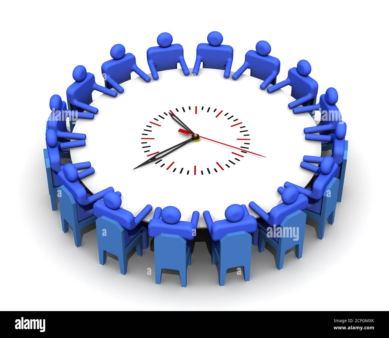 The time for the meeting. Symbolic people sitting at a round table for ...
