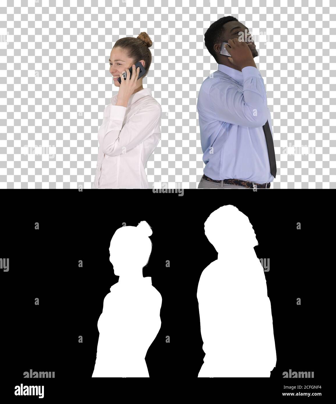 Young African American man and woman standing back to back making phone ...