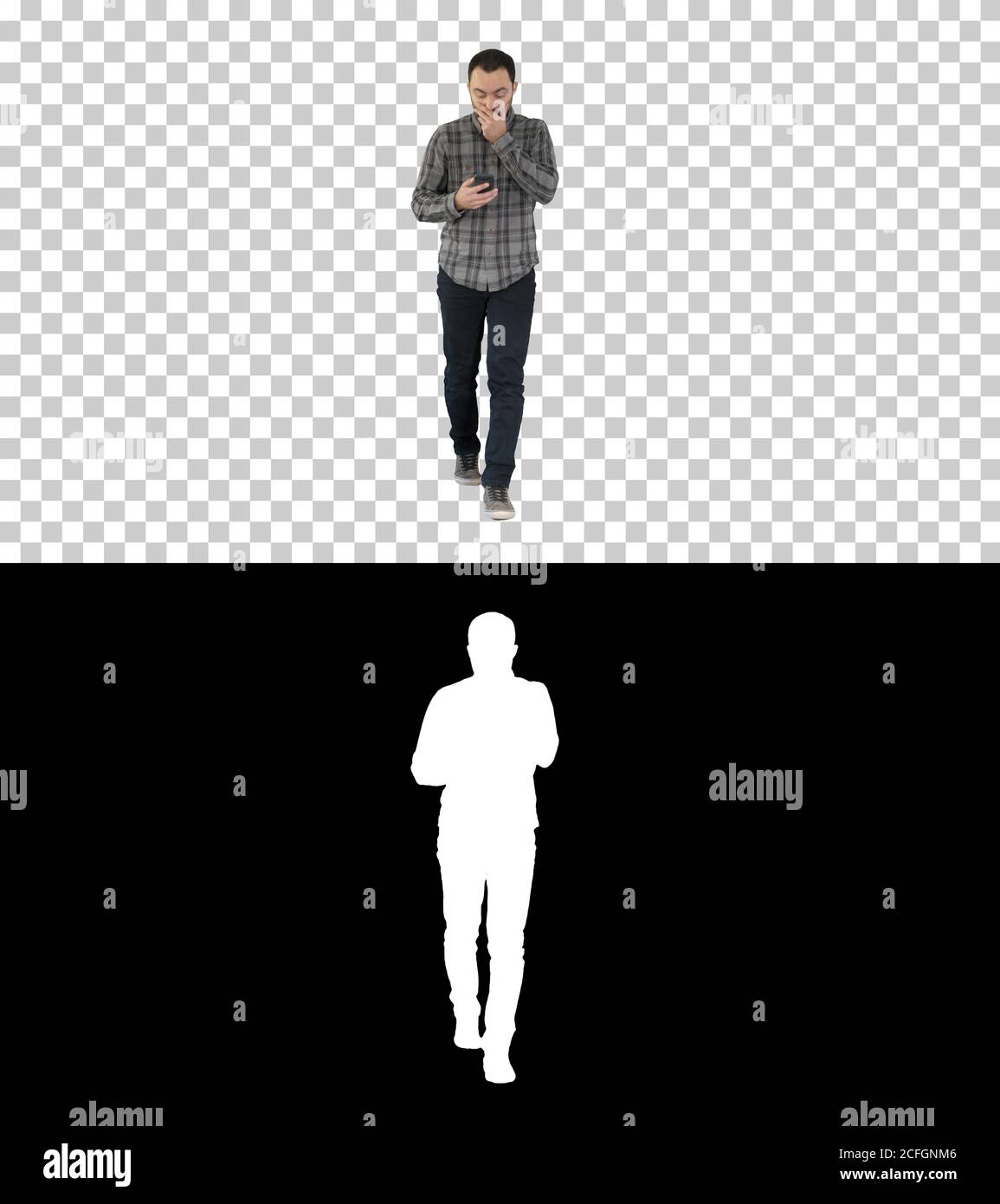 Surprised young man is holding phone and reading message, Alpha Channel ...