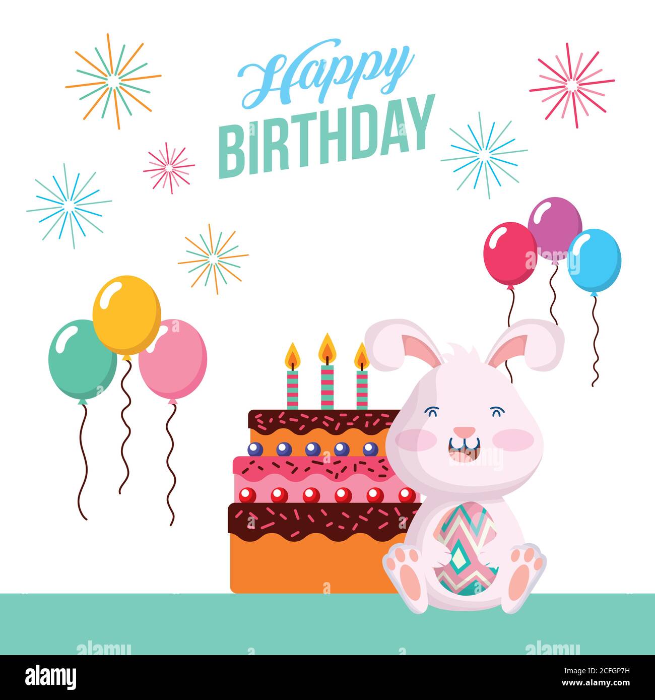 happy birthday card with rabbit in party scene vector illustration ...