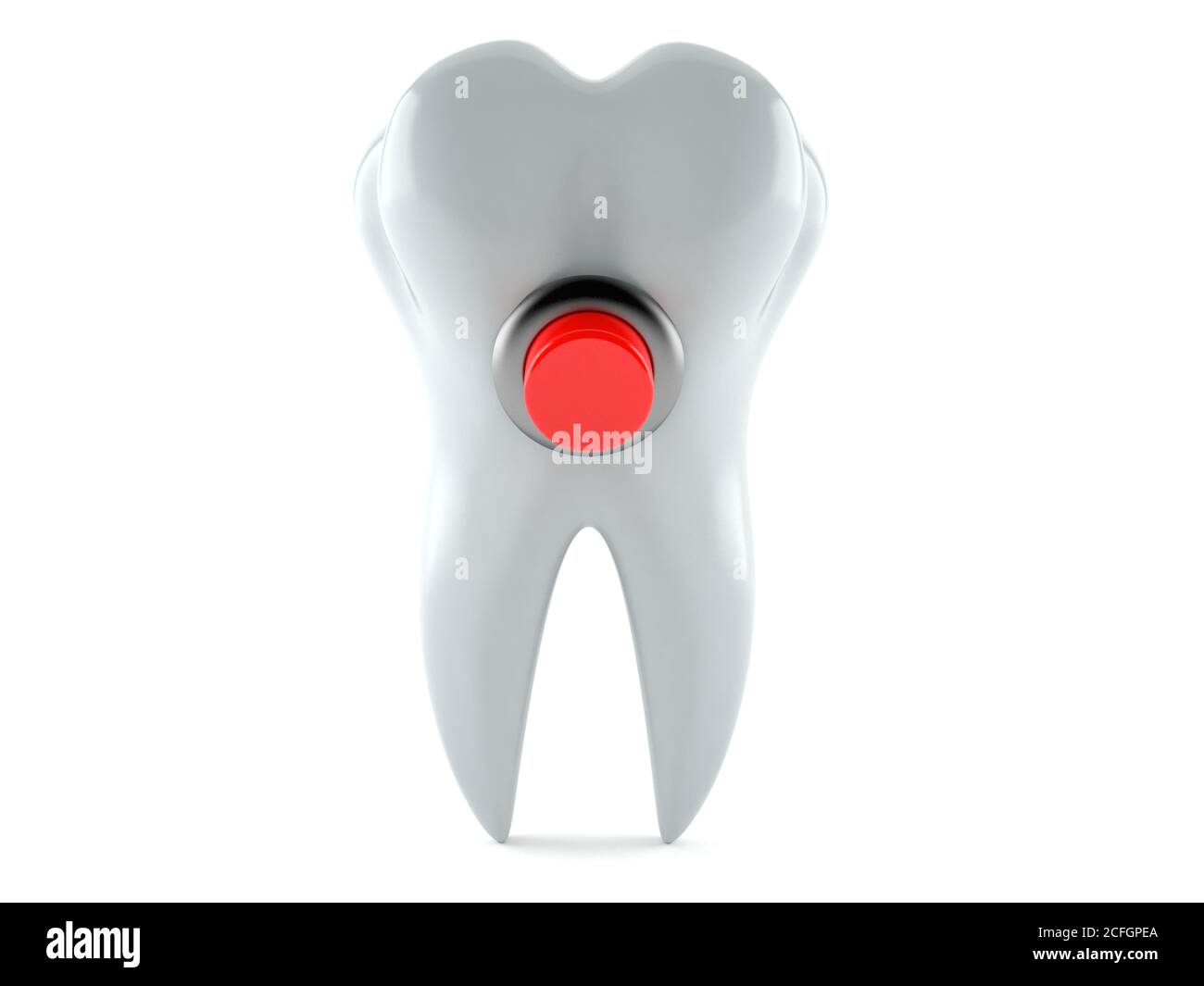 Tooth with red push button isolated on white background Stock Photo - Alamy