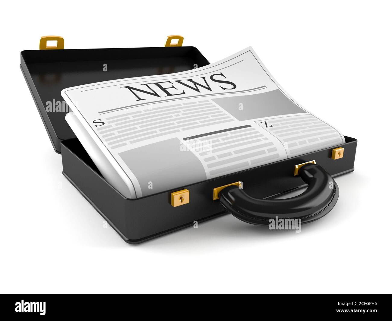 Open briefcase with newspaper isolated on white background Stock Photo ...