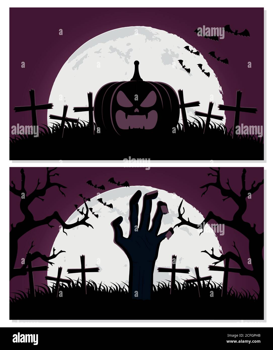 happy halloween card with pumpkin and death hand scenes vector ...