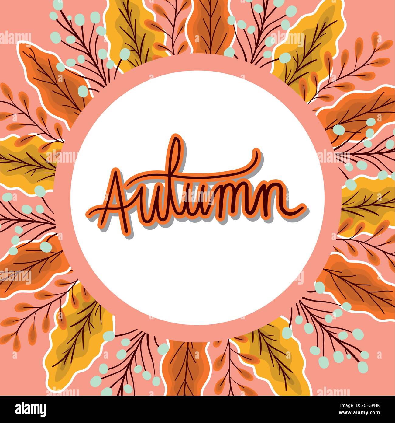 autumn leaves around circle on pink background vector design Stock ...